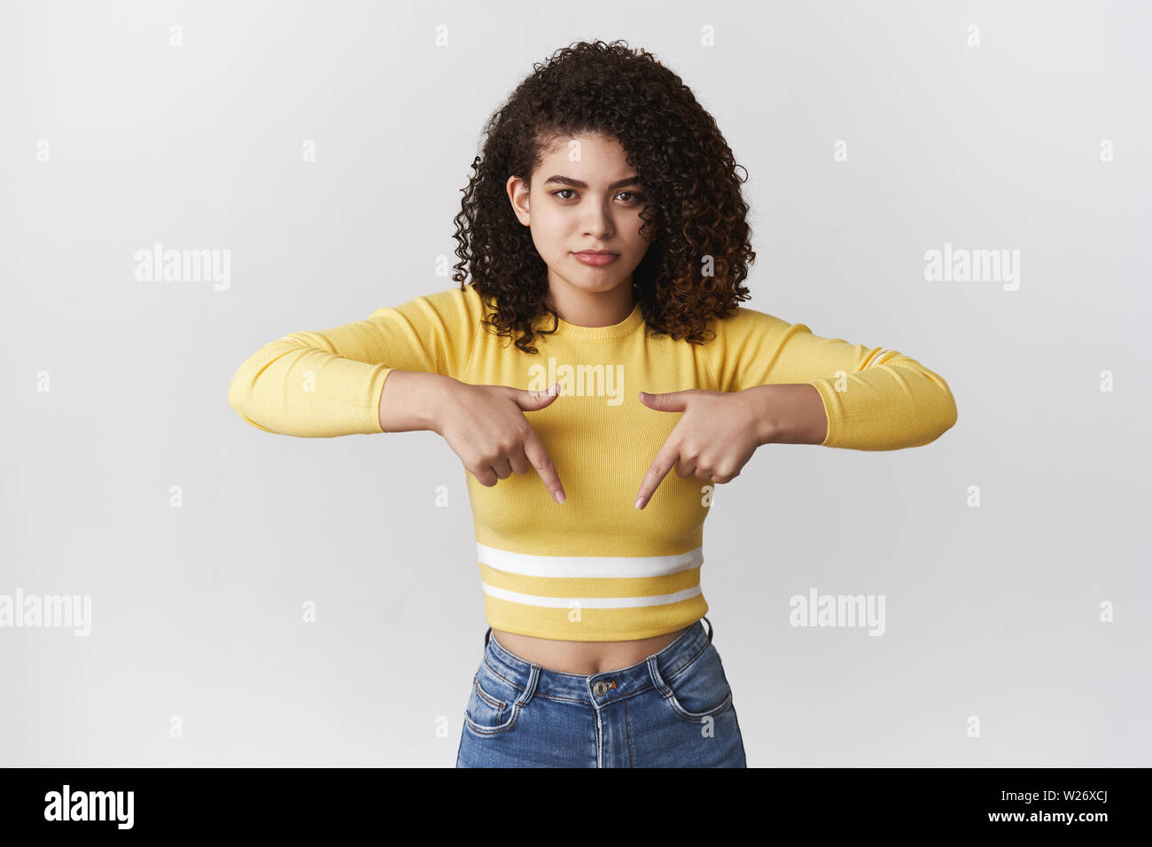 Sassy confident demanding young moody girlfriend curly-haired wearing ...