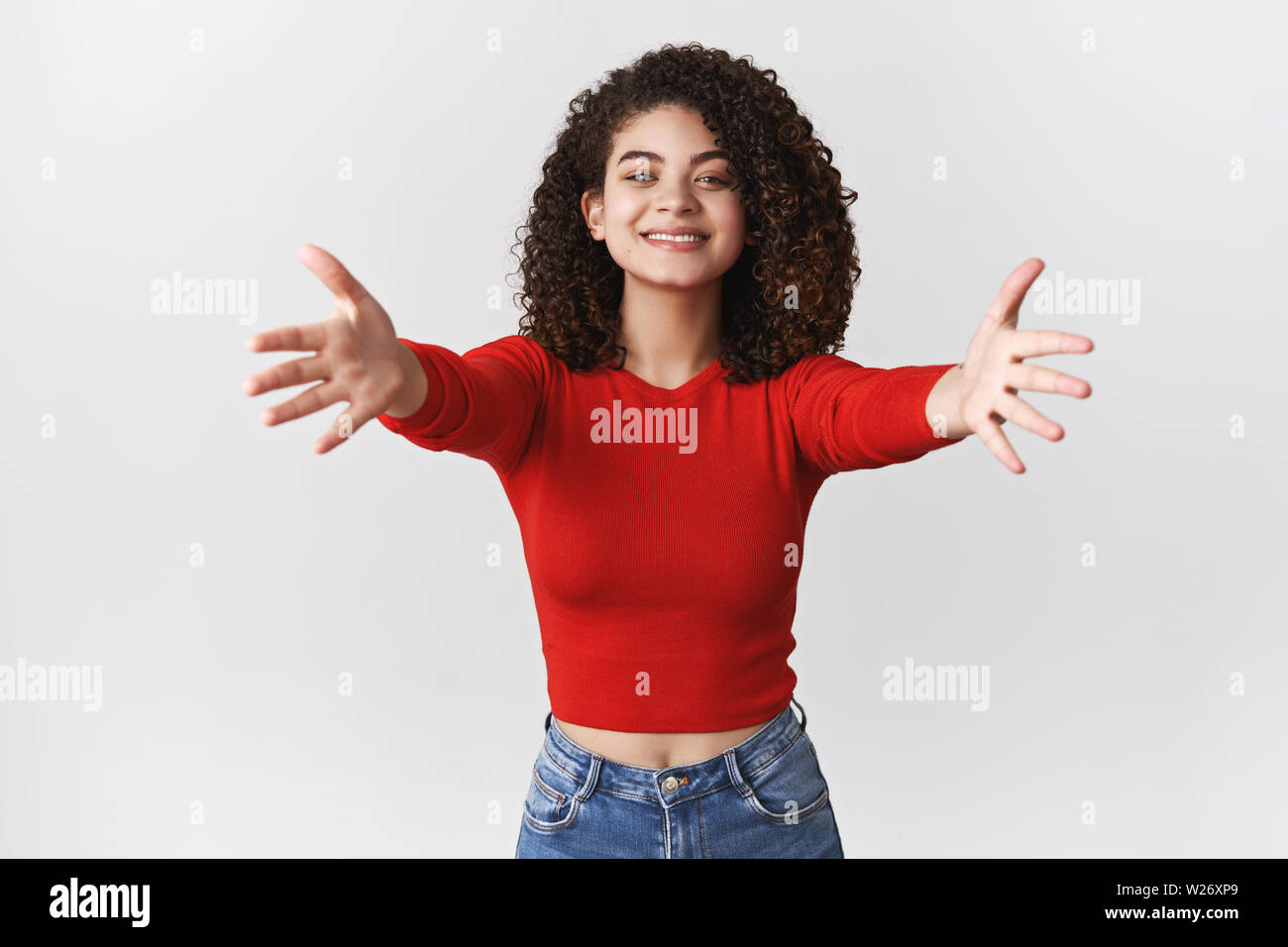 Hug time. Charming friendly clingy girlfriend wanna embrace boyfriend ...