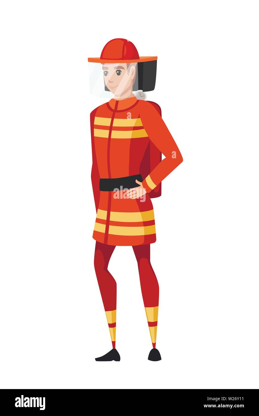 Adult male firefighter stand on ground wearing fireproof form cartoon ...