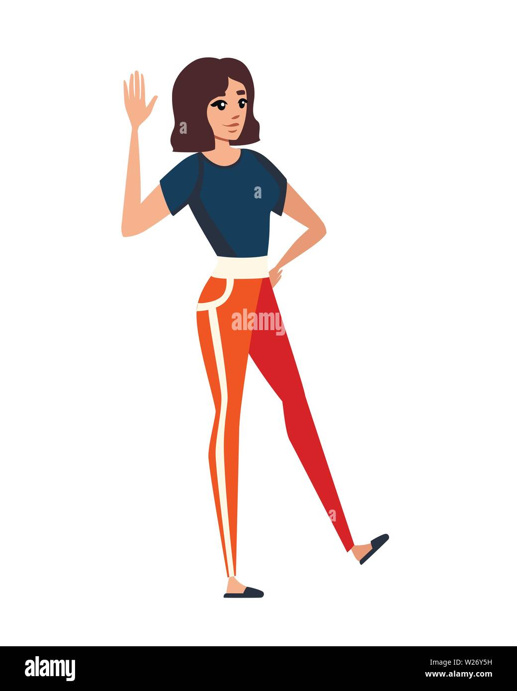 Happy woman in sport casual clothes with up raised arm cartoon ...