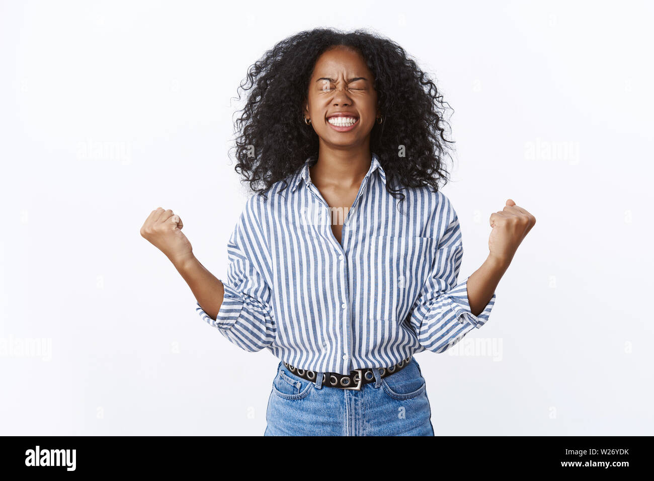 Yes finally did it. Portrait relieved excited happy celebrating woman ...