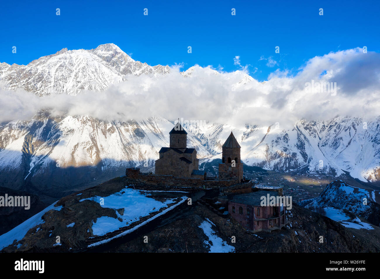 Gergeti Trinity Church in Northern Georgia, taken in April 2019rn ...