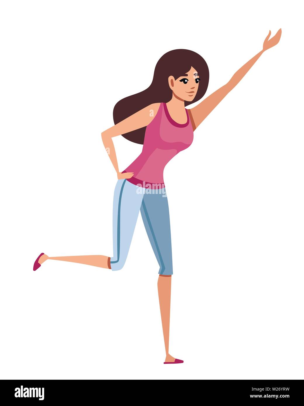 Happy woman in casual clothes with up raised arms cartoon character ...