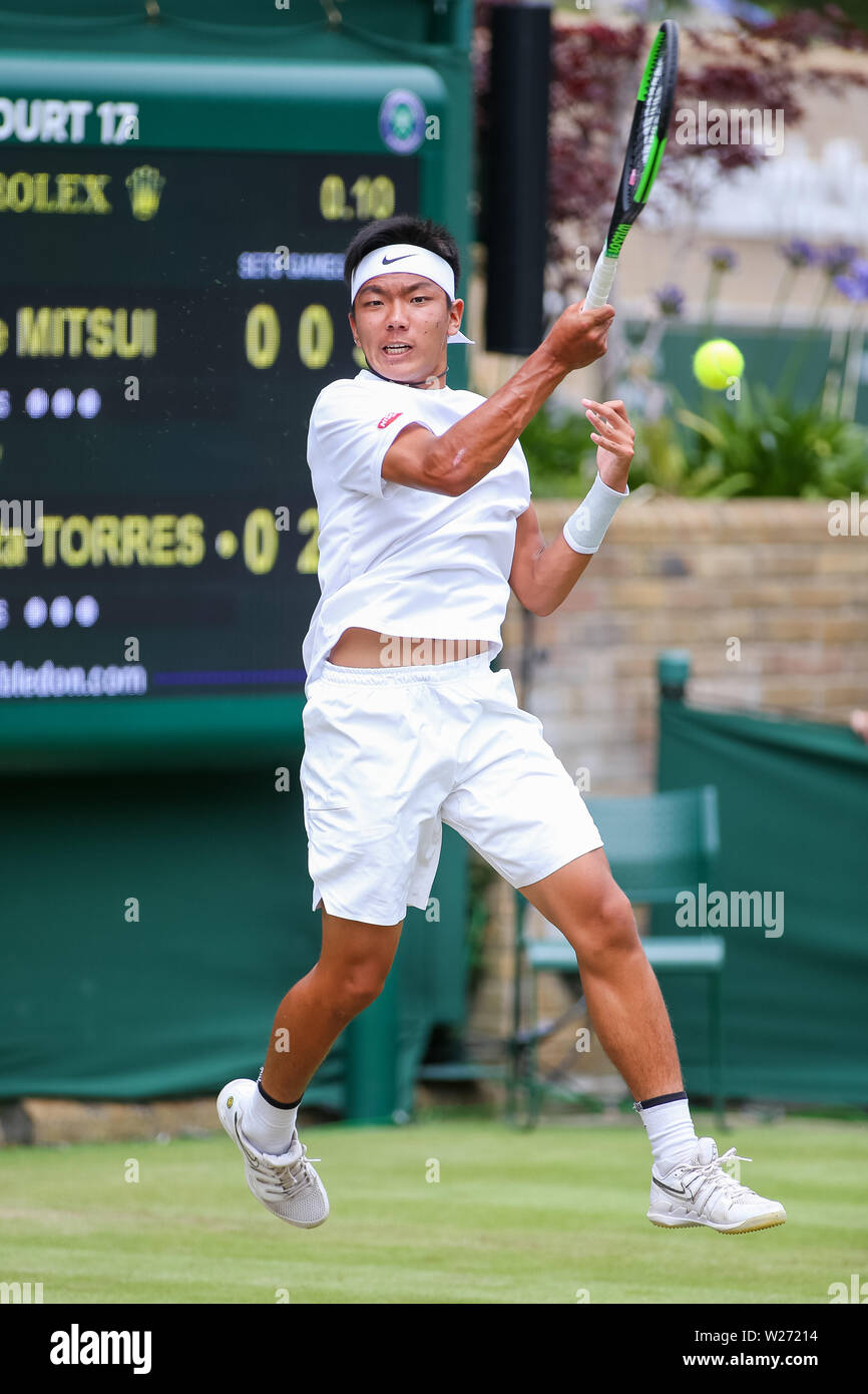 Shunsuke Mitsui of Japan during the boy's singles first round match of the Wimbledon Lawn Tennis ...