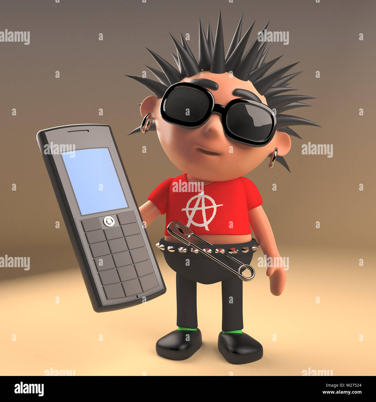 Crazy punk rocker using an old cellphone, 3d illustration render Stock ...