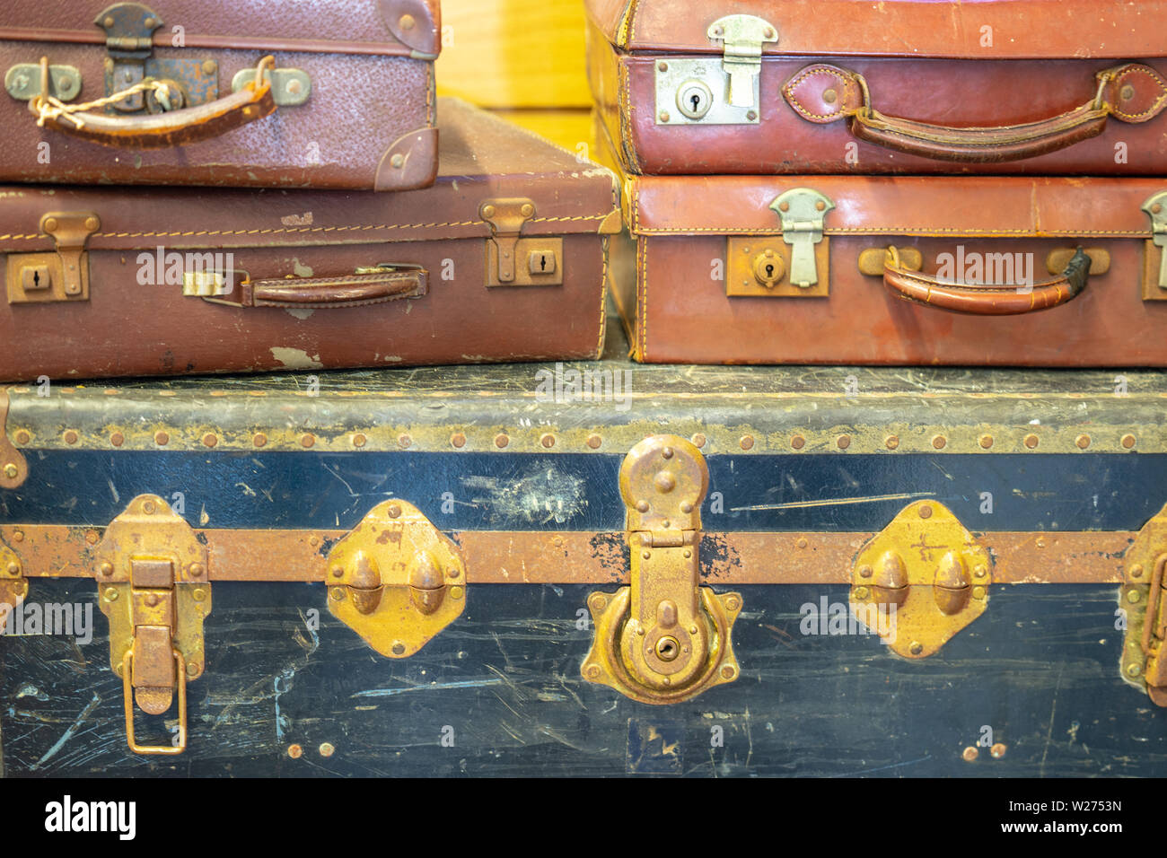 Train Station Vintage Luggage.Vintage Pile of Ancient Suitcases. Travel ...