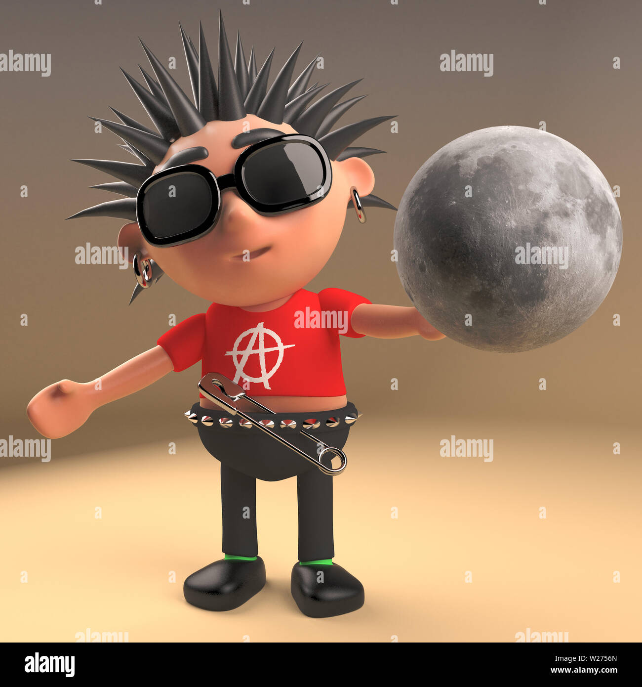 Weird punk rocker holding a globe of the Moon, 3d illustration render ...