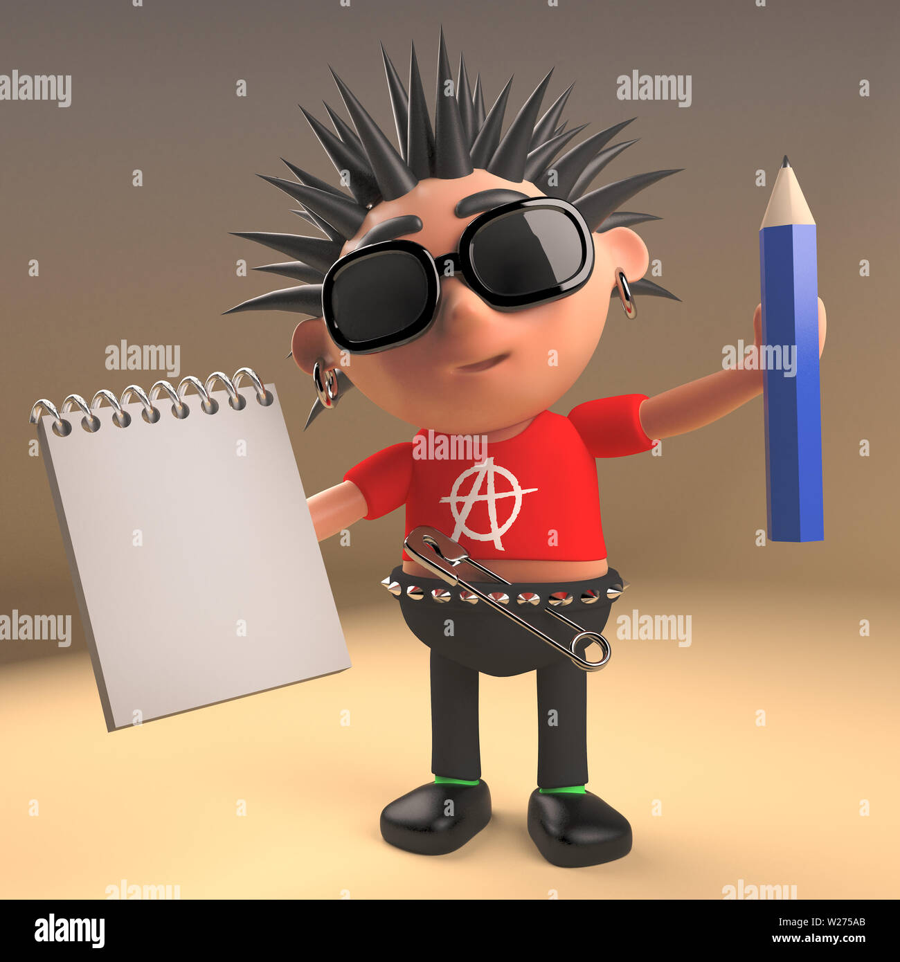 Punk rocker takes notes on a notepad with pencil, 3d illustration ...