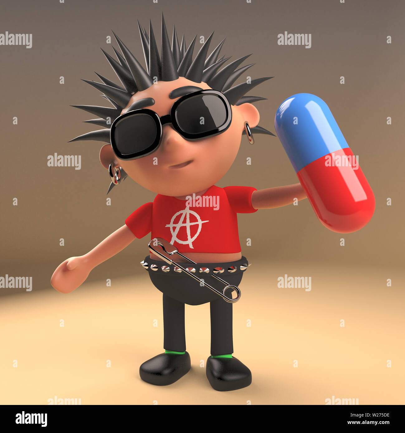 Silly punk rocker holding a pill, 3d illustration render Stock Photo ...