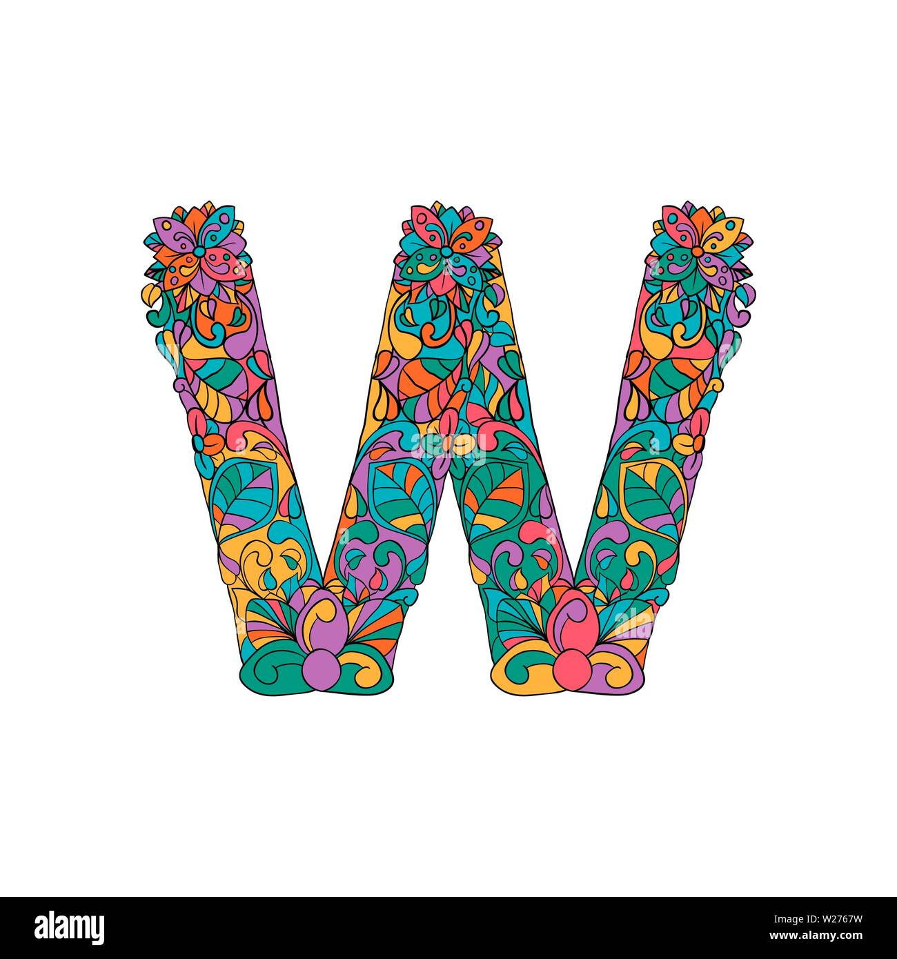 Colorful Floral Ornamental Alphabet, Initial Letter W Font. Vector ...
