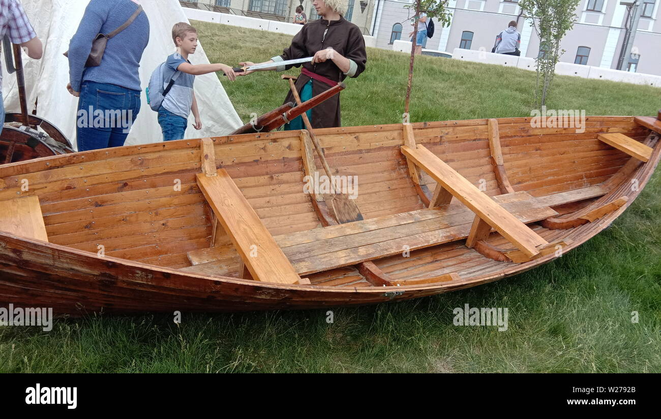 Wooden boat for trips on the Volga River. Russia Stock Photo - Alamy