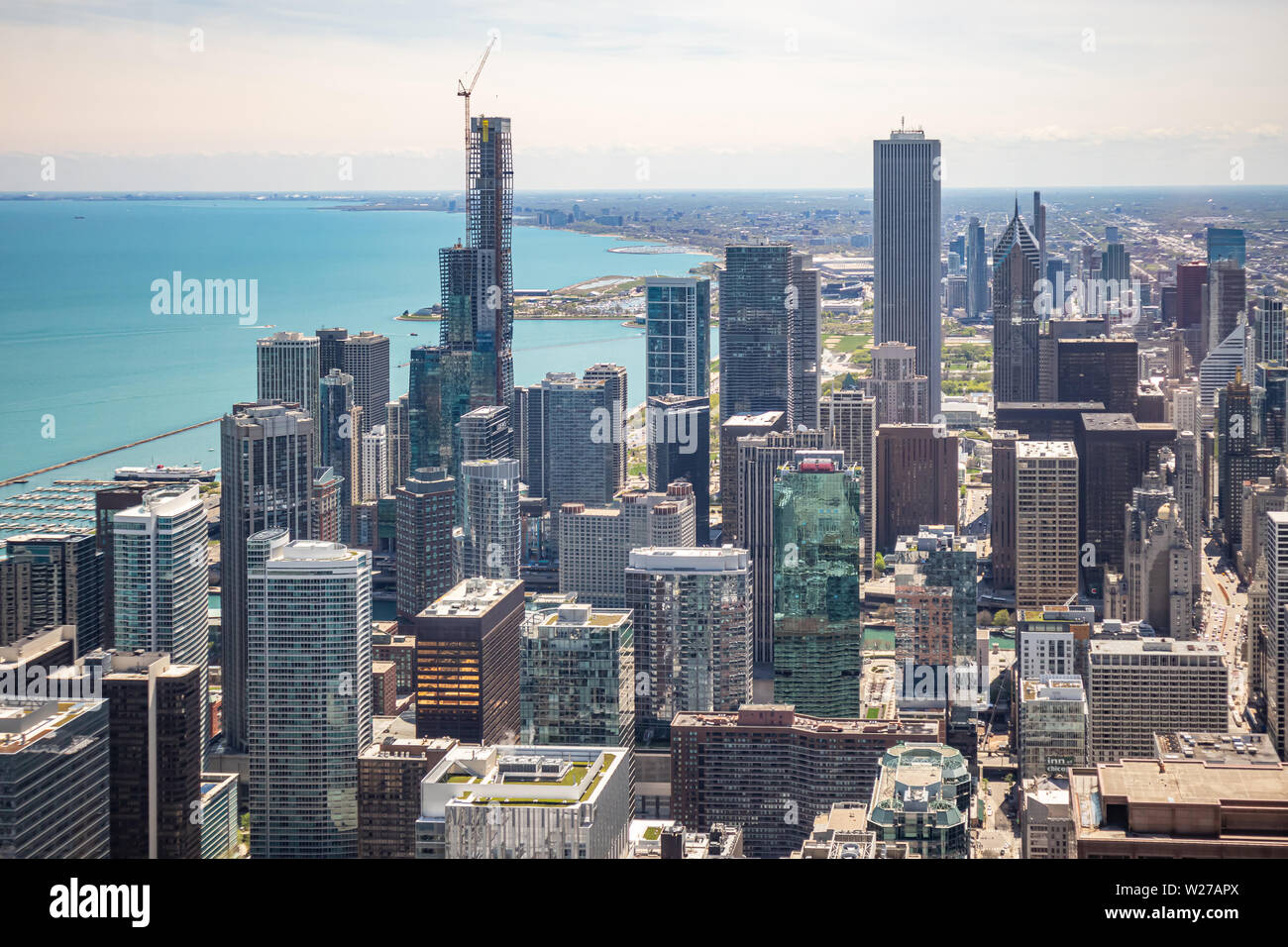 Chicago cityscape aerial view, spring day. High rise buildings and lake ...