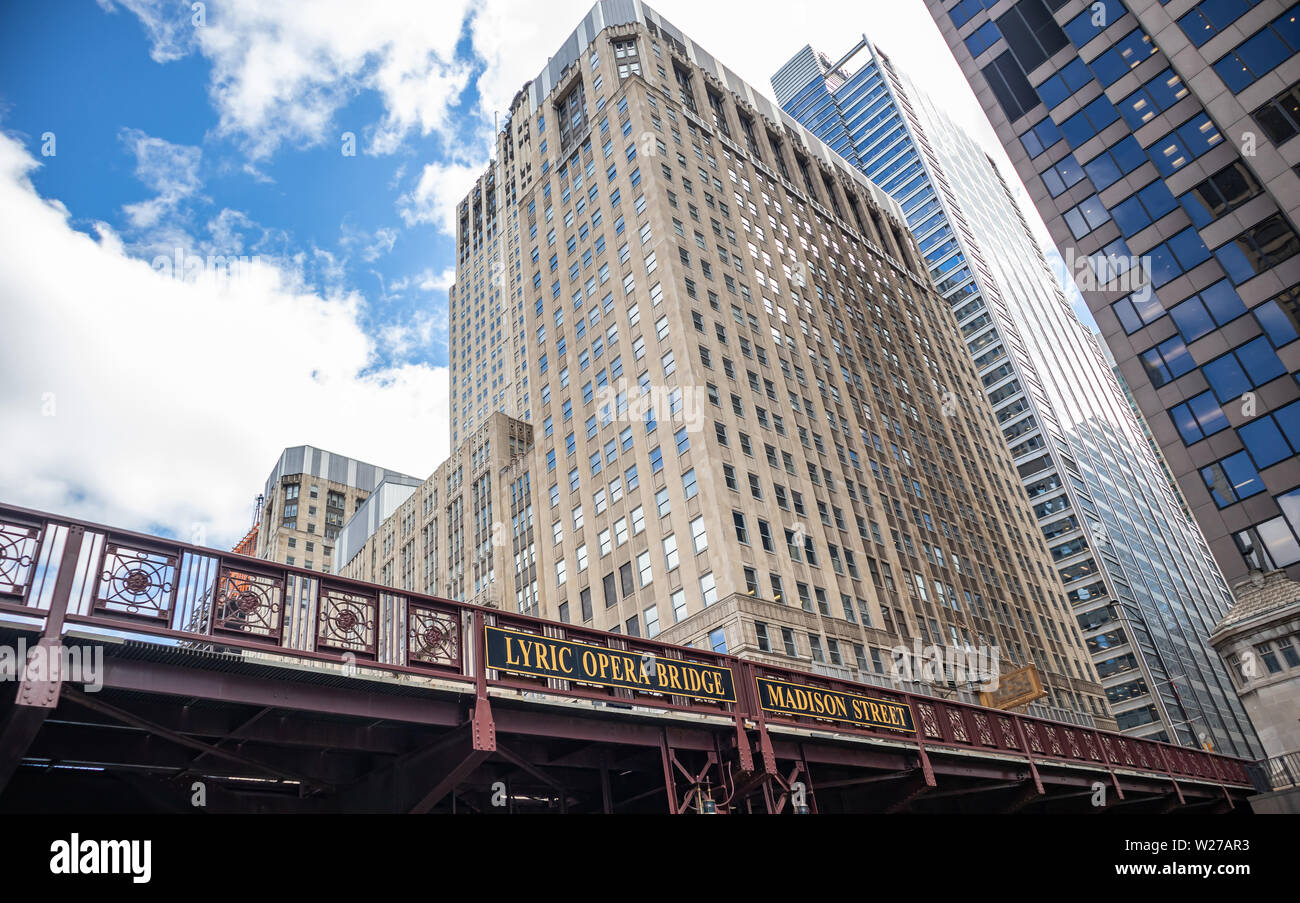 Chicago cityscape, spring day. Chicago city buildings over Lyric Opera ...
