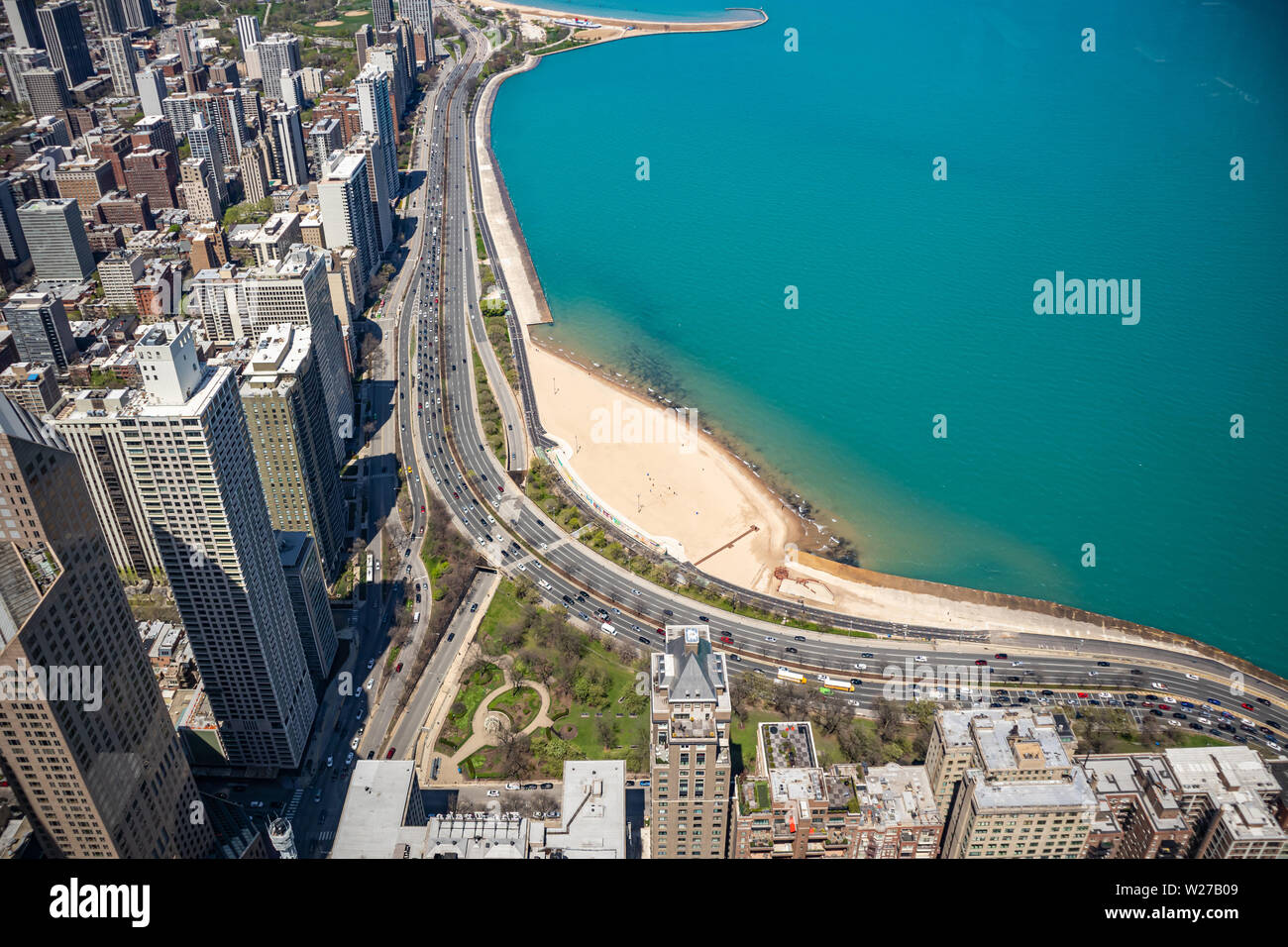 Chicago cityscape aerial view, spring day. High rise buildings and lake ...