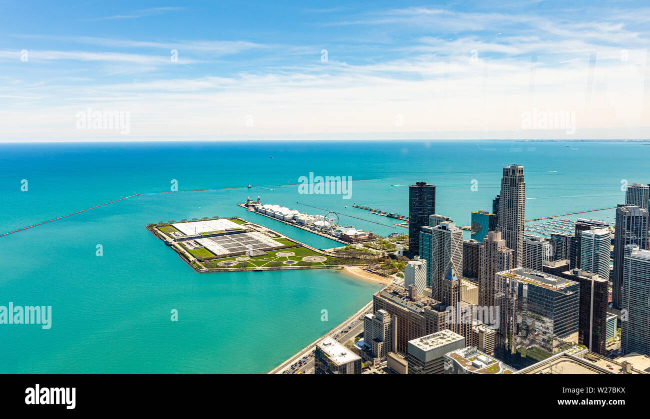 Chicago cityscape aerial view, spring day. High rise buildings and lake ...