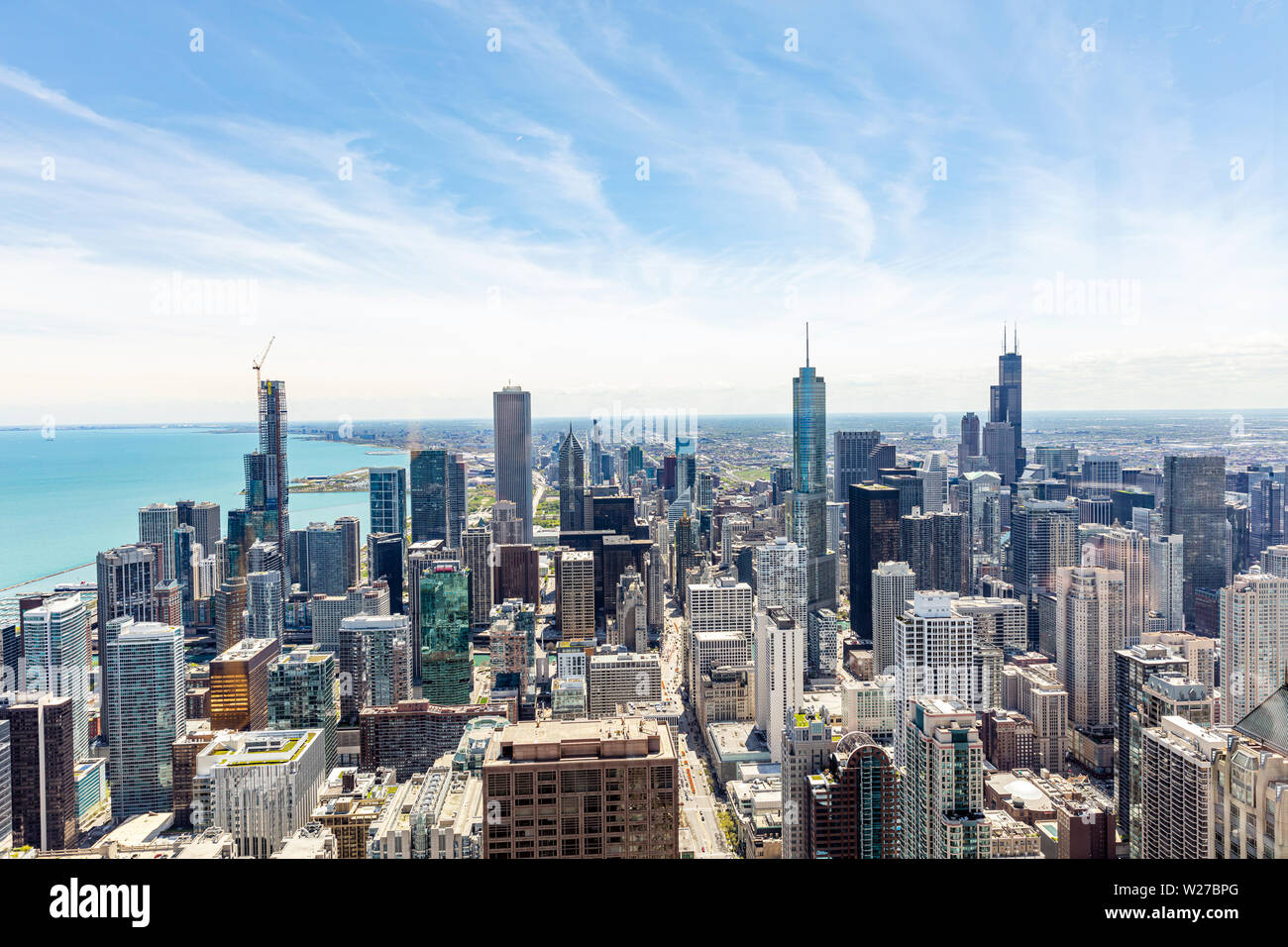 Chicago cityscape aerial view, spring day. High rise buildings and lake ...