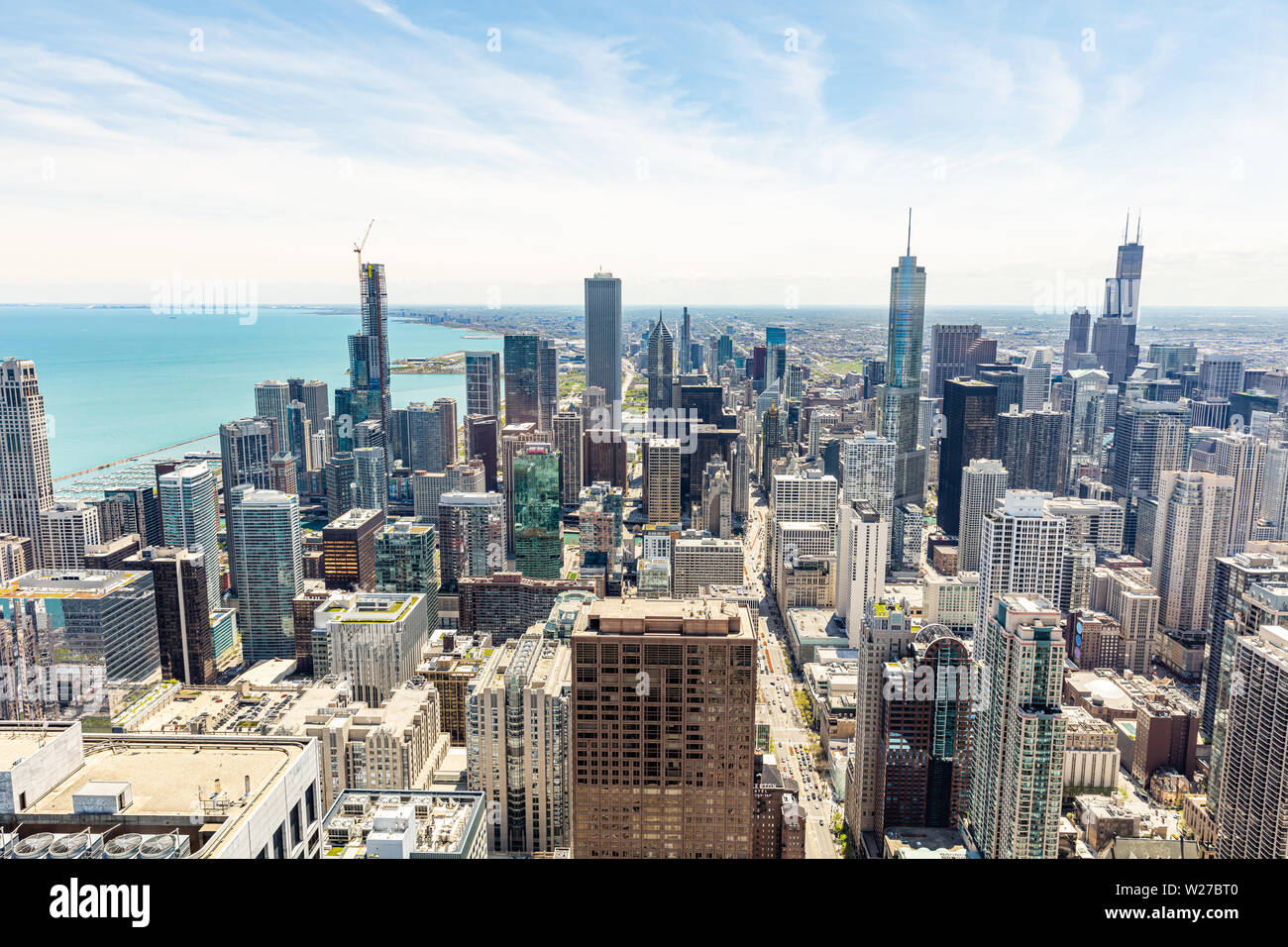 Chicago cityscape aerial view, spring day. High rise buildings and lake ...