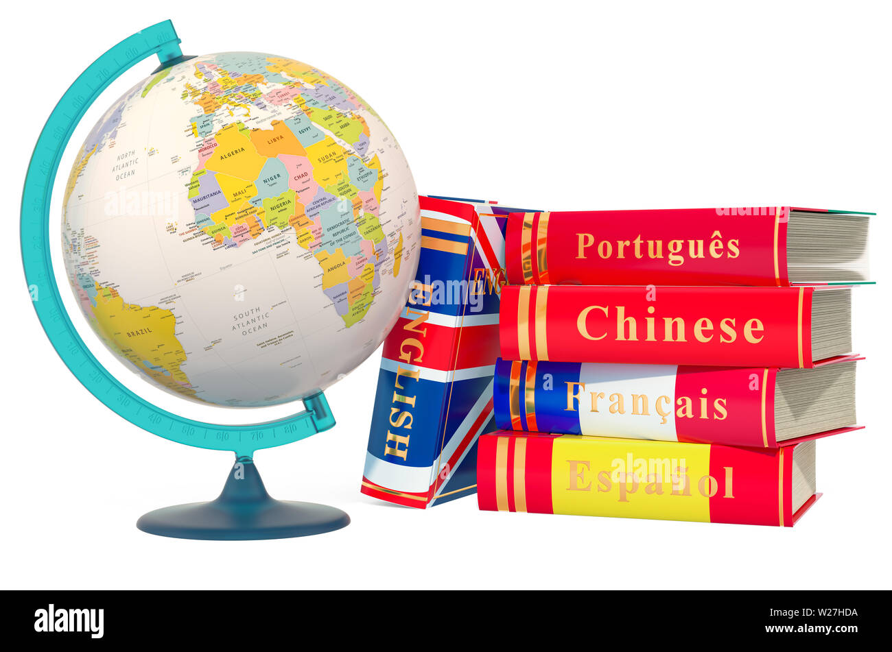 Languages Books with political globe of Earth, 3D rendering isolated on ...