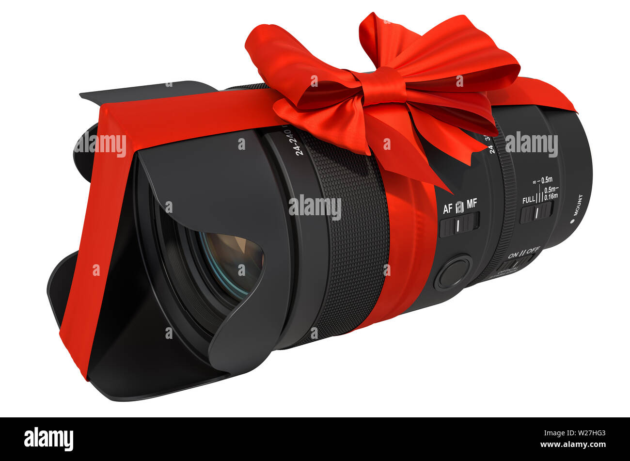 Camera lens with ribbon and bow, gift concept. 3D rendering isolated on ...