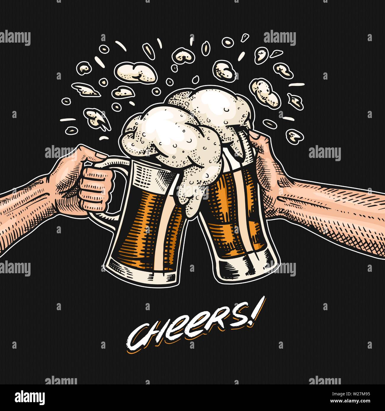 Cheers toast. Beer in hand. Vintage Alcoholic Label with calligraphic ...