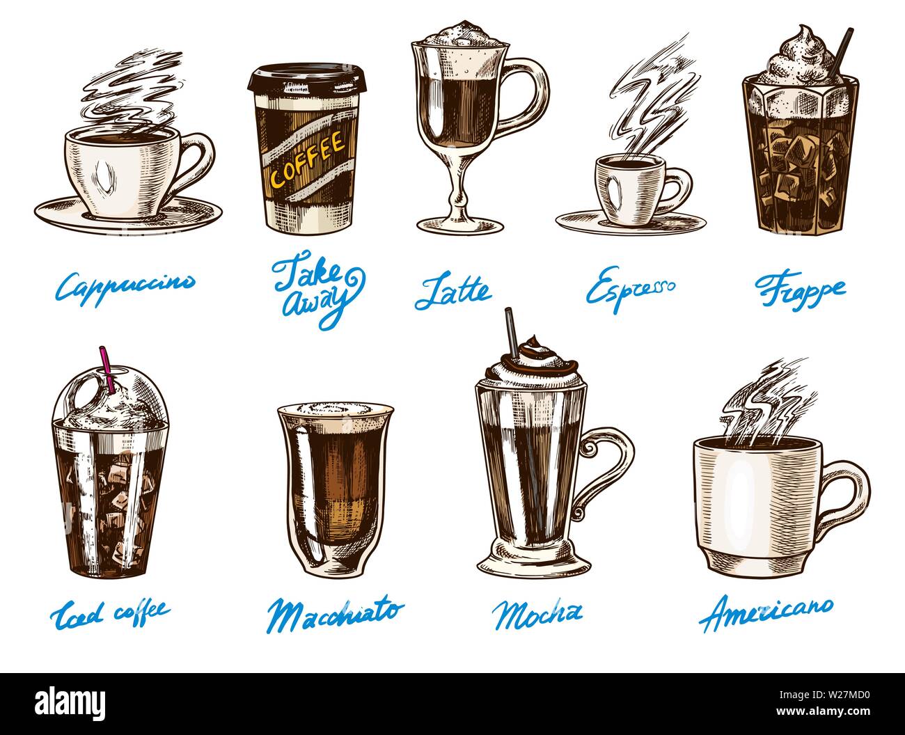 Set of cups of coffee in vintage style. Take away Cappuccino and Glace ...