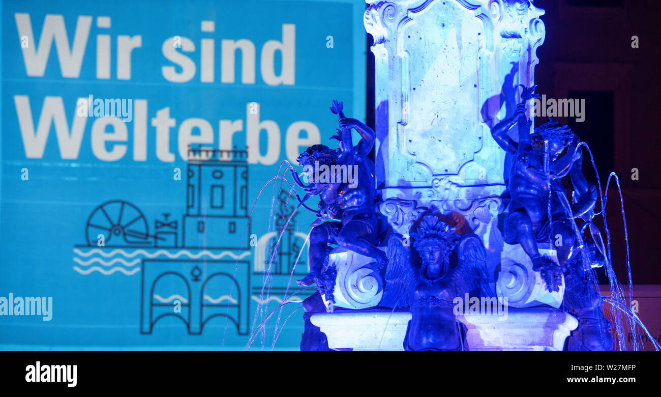Augsburg, Germany. 06th July, 2019. The Augustus Fountain is ...
