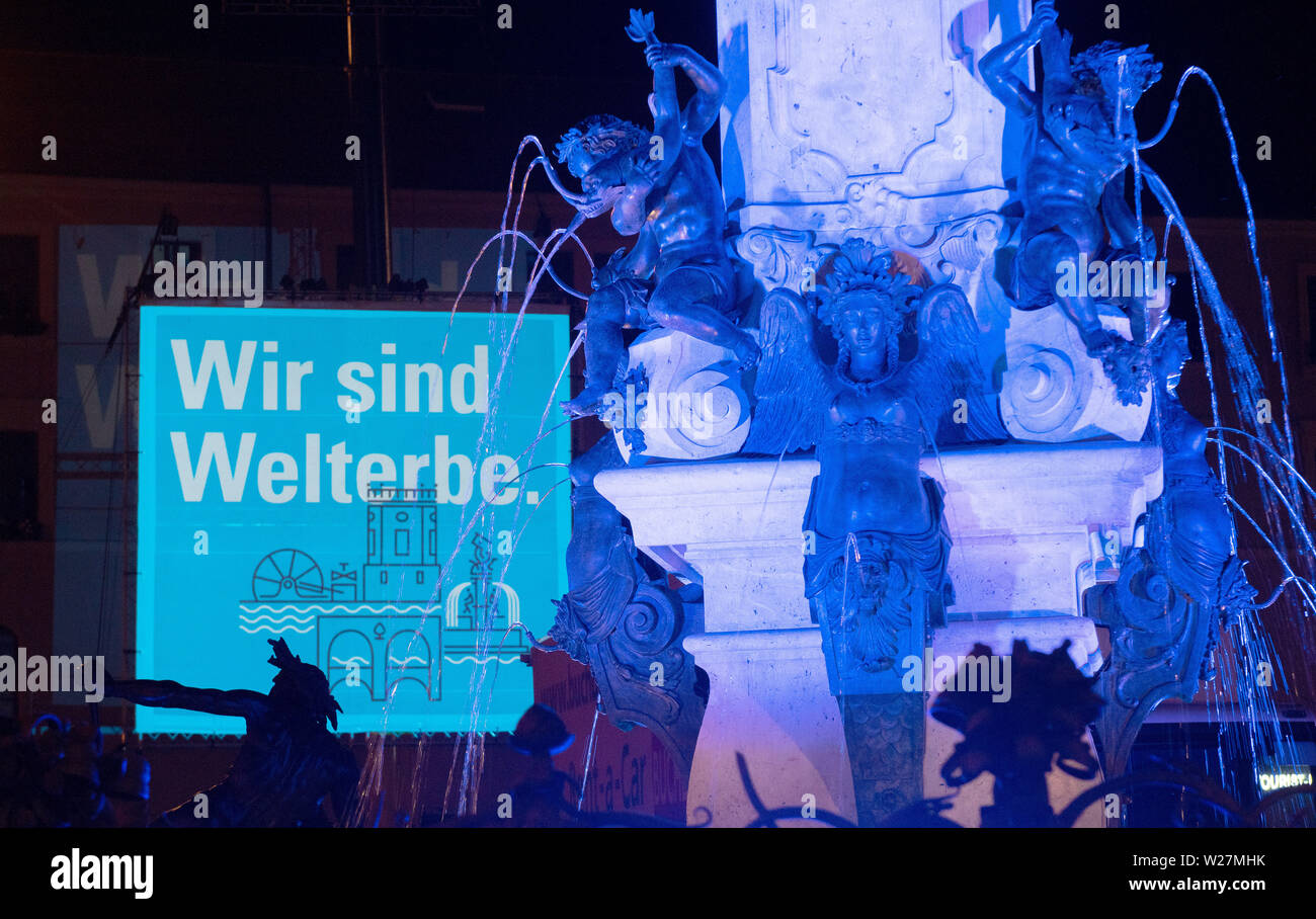 Augsburg, Germany. 06th July, 2019. The Augustus Fountain is ...
