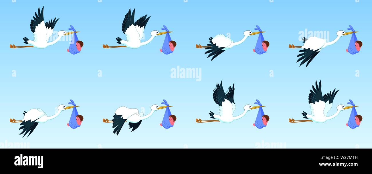 Storks carrying newborn baby, flying animation sequence, loop animation ...