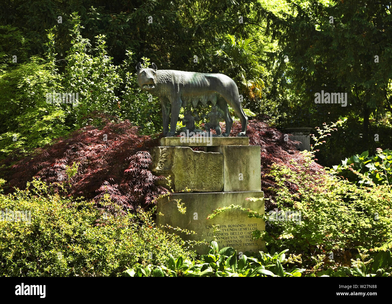 Statue of Capitoline Wolf (Lupa Capitolina) at Park of Palazzo Attems ...