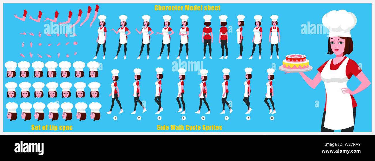 Female Chef Character Model sheet with Walk cycle Animation Sequence ...