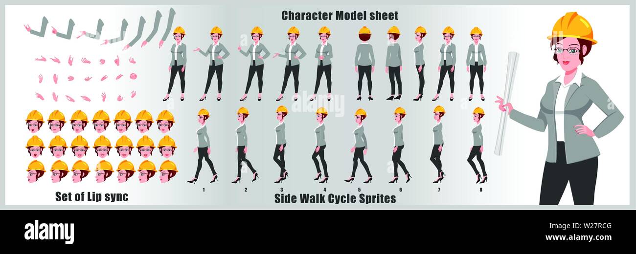 Female Engineer Character Model sheet with Walk cycle Animation Sequence Stock Vector Image ...