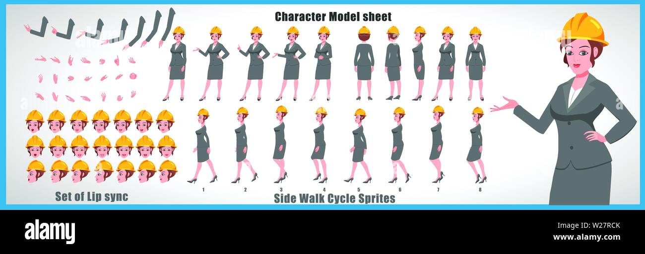Female Engineer Character Model sheet with Walk cycle Animation Sequence Stock Vector Image ...