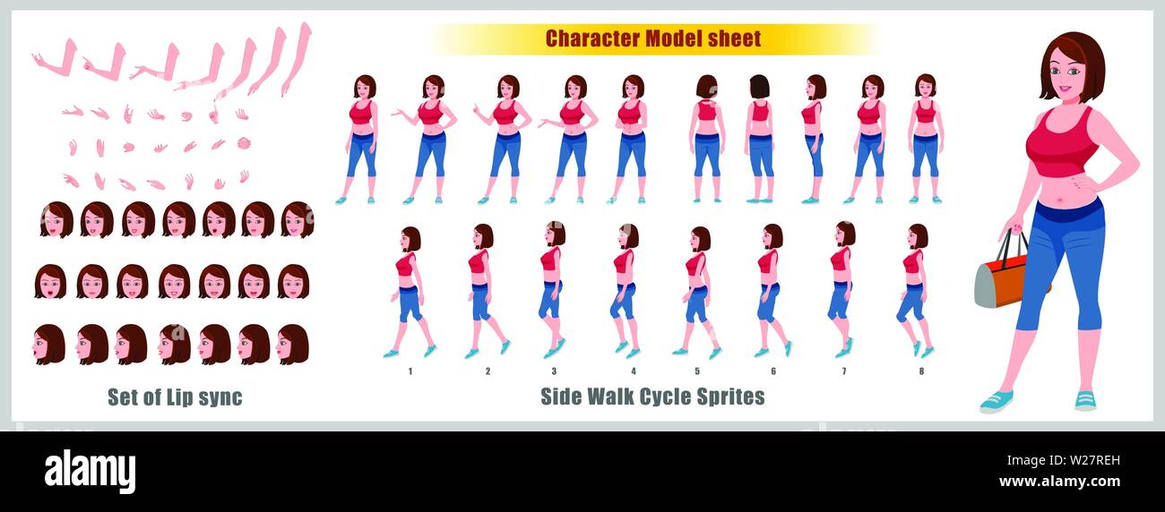 Fitness woman Character Model sheet with Walk cycle Animation Sequence ...