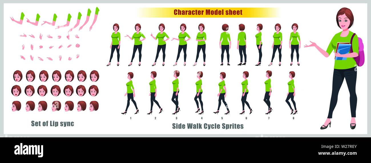 Girl Student Character Model sheet with Walk cycle Animation Sequence ... Girl Student Character Model sheet with Walk cycle Animation Sequence ...