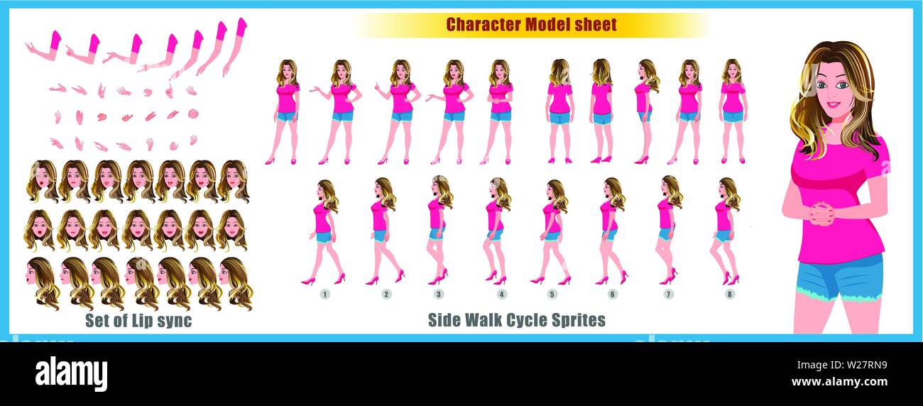 Blond hair Girl Character Model sheet with Walk cycle Animation Sequence Stock Vector Image ...