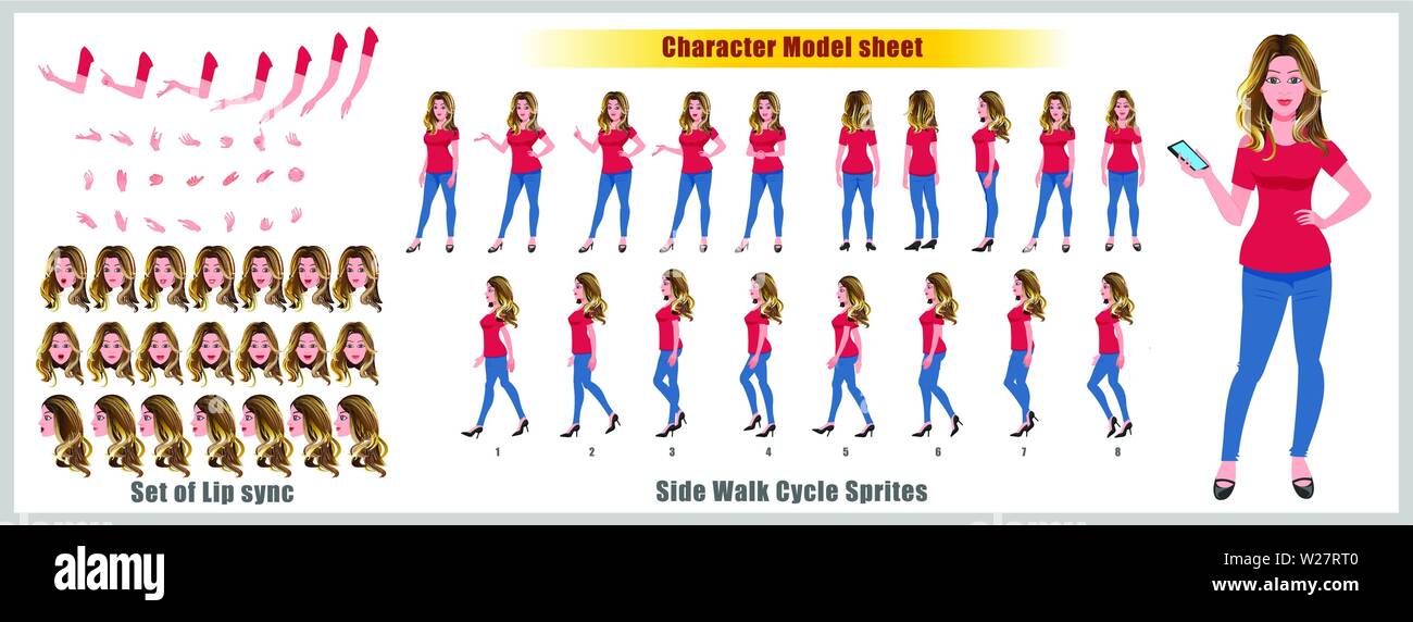 Blond hair Girl Character Model sheet with Walk cycle Animation Sequence Stock Vector Image ...