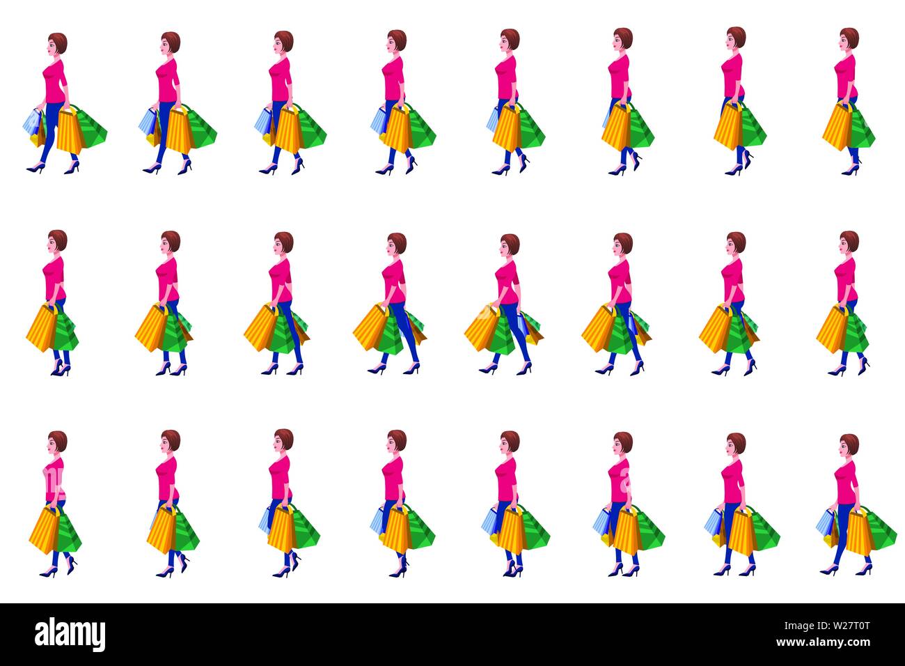 Shopping Woman Character Walk Cycle Animation Sequence Loop Animation Sprite Sheet Stock Vector