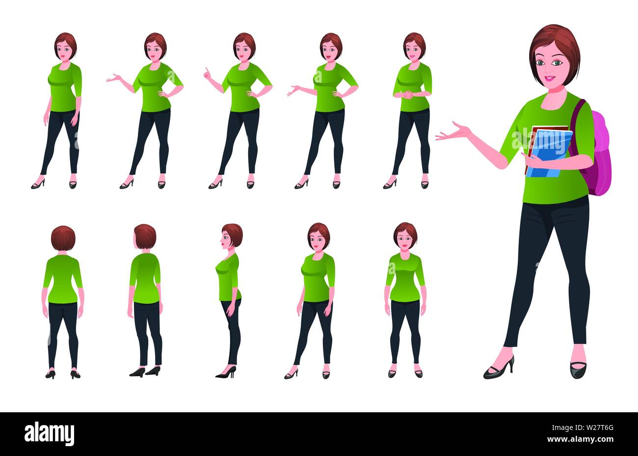 Girl Student Character Model sheet with and turnarround Stock Vector ...