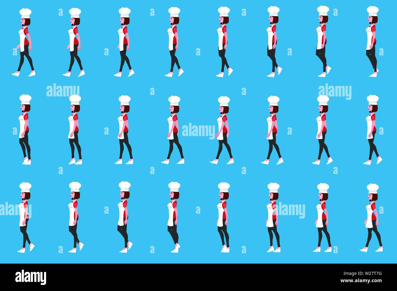 Female Chef Character Walk Cycle Animation Sequence Loop Animation Sprite Sheet Stock Vector