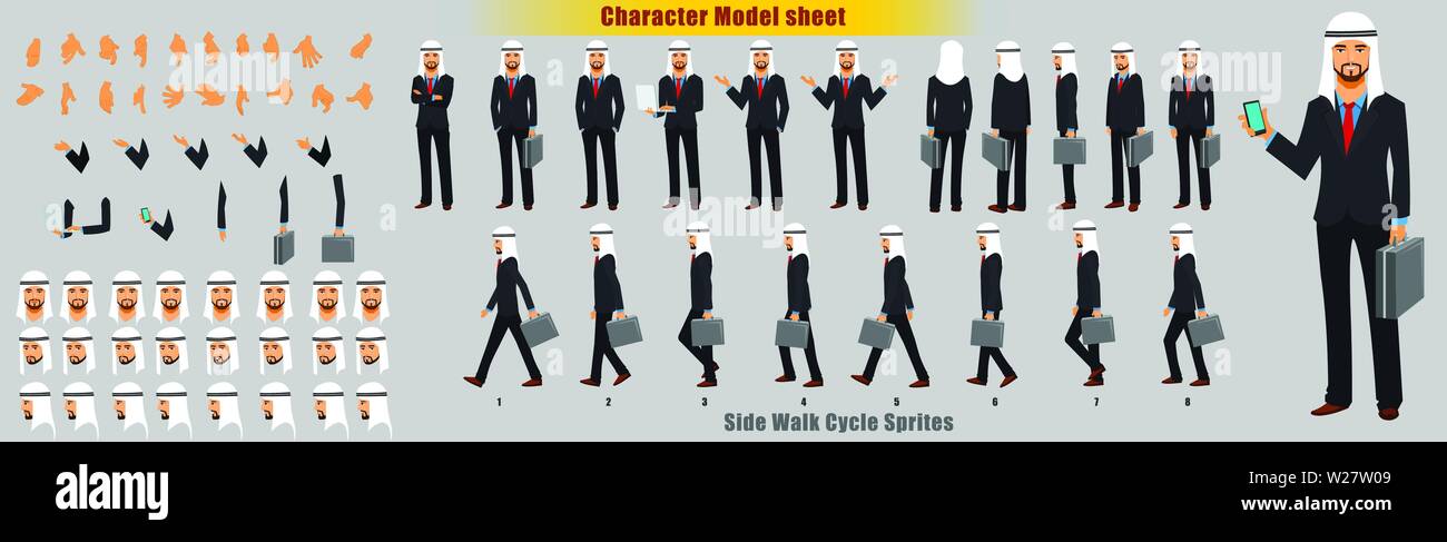 Arab Businessman Character Model sheet with Walk cycle Animation Sequence Stock Vector Image ...