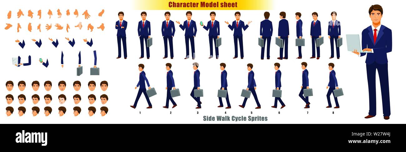 Businessman Character Model sheet with Walk cycle Animation Sequence ...