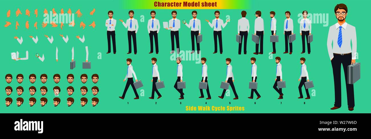 Businessman Character Model Sheet With Walk Cycle Animation Sprites Images