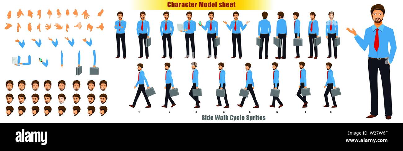 Businessman Character Model sheet with Walk cycle Animation Sequence ...