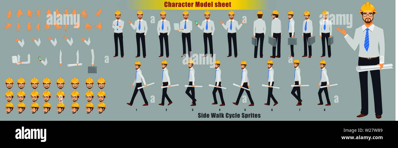 Engineer Character Model sheet with Walk cycle Animation Sequence Stock Vector Image & Art - Alamy