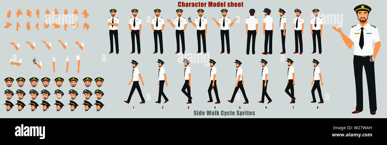 Pilot Character Model sheet with Walk cycle Animation Sequence Stock ...