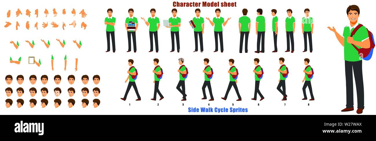 Student Character Model sheet with Walk cycle Animation Sequence Stock ...