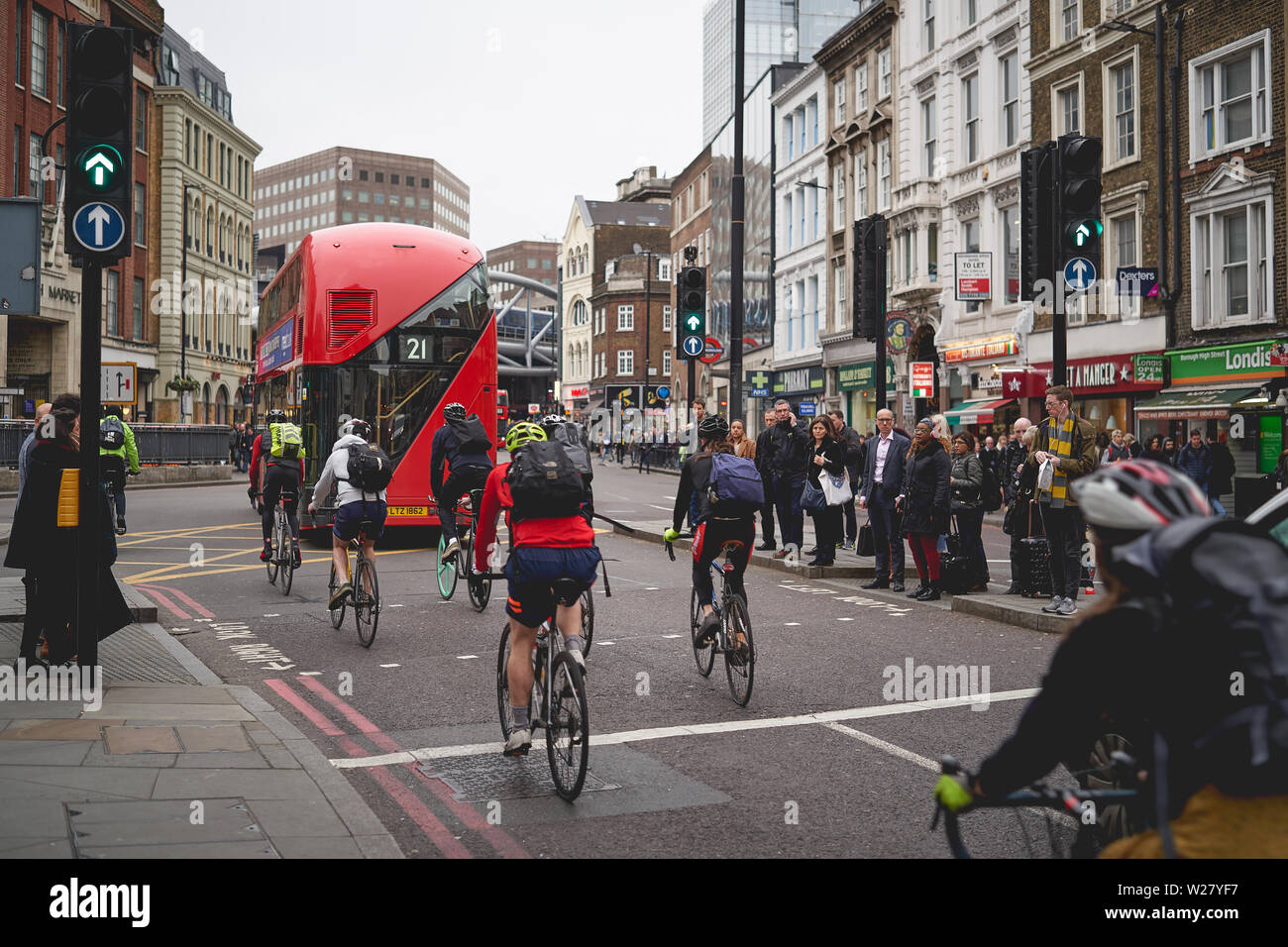 London, UK - April, 2019. Cyclists commuting in central London during ...