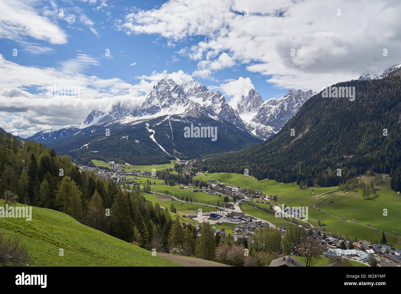 View of the town of Sesto (Sexten in German) and the surrounding ...