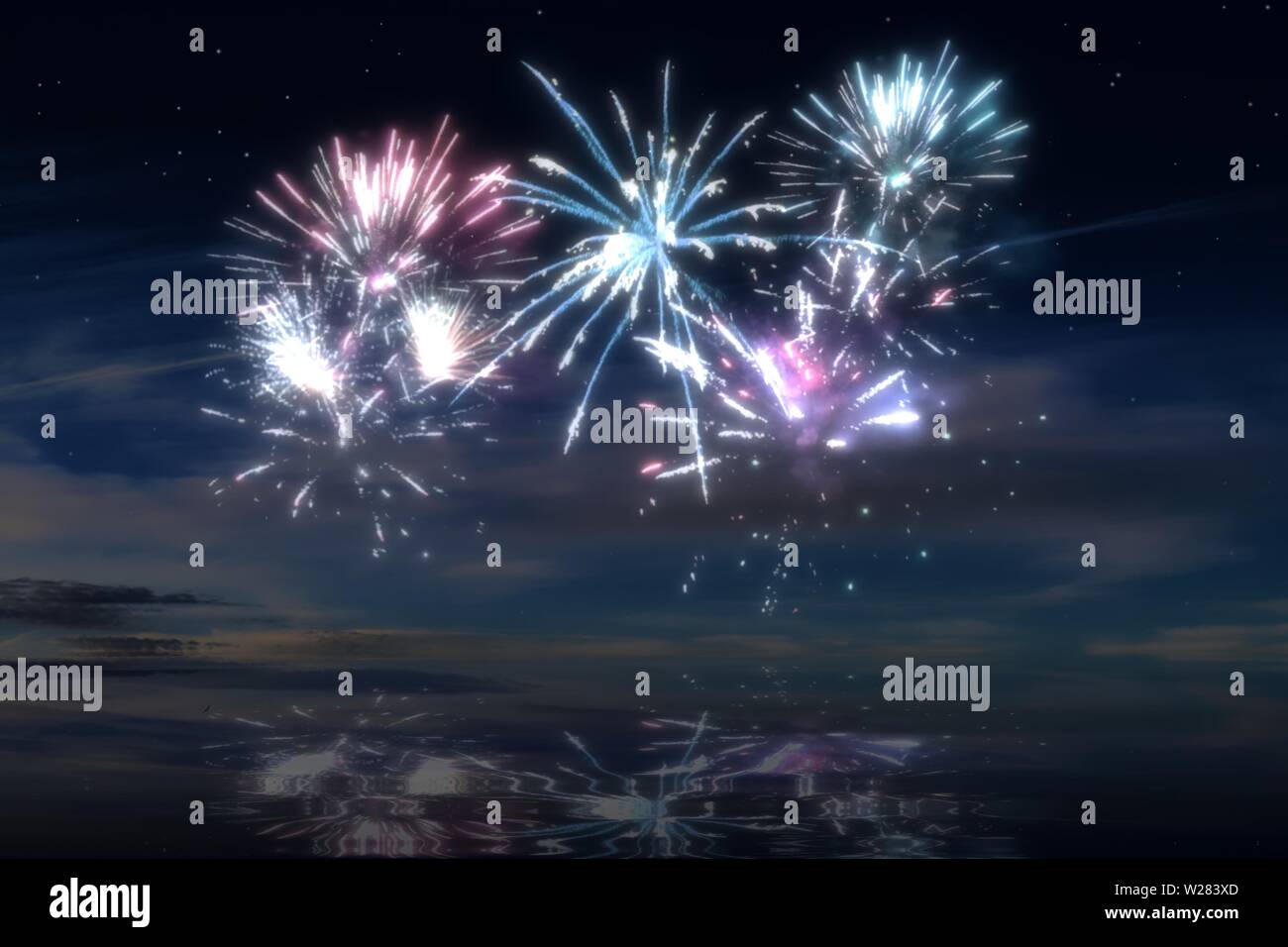 Beautiful and colorful fireworks on a late sunset sky with stars Stock ...