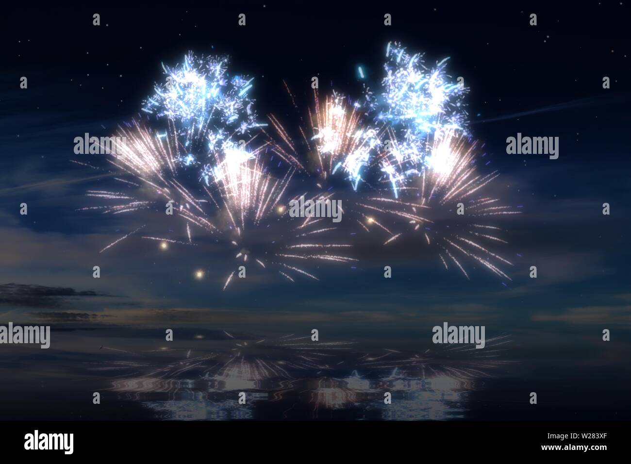 Beautiful and colorful fireworks on a late sunset sky with stars Stock ...